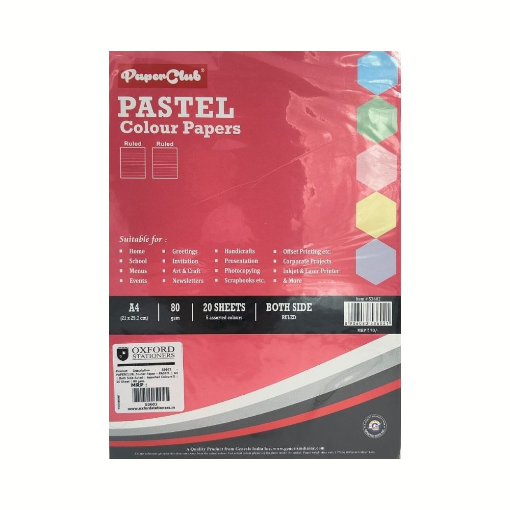 PAPERCLUB, Colour Paper - PASTEL | A4 | Colours 5 | 20 Sheet | 80 gsm ...